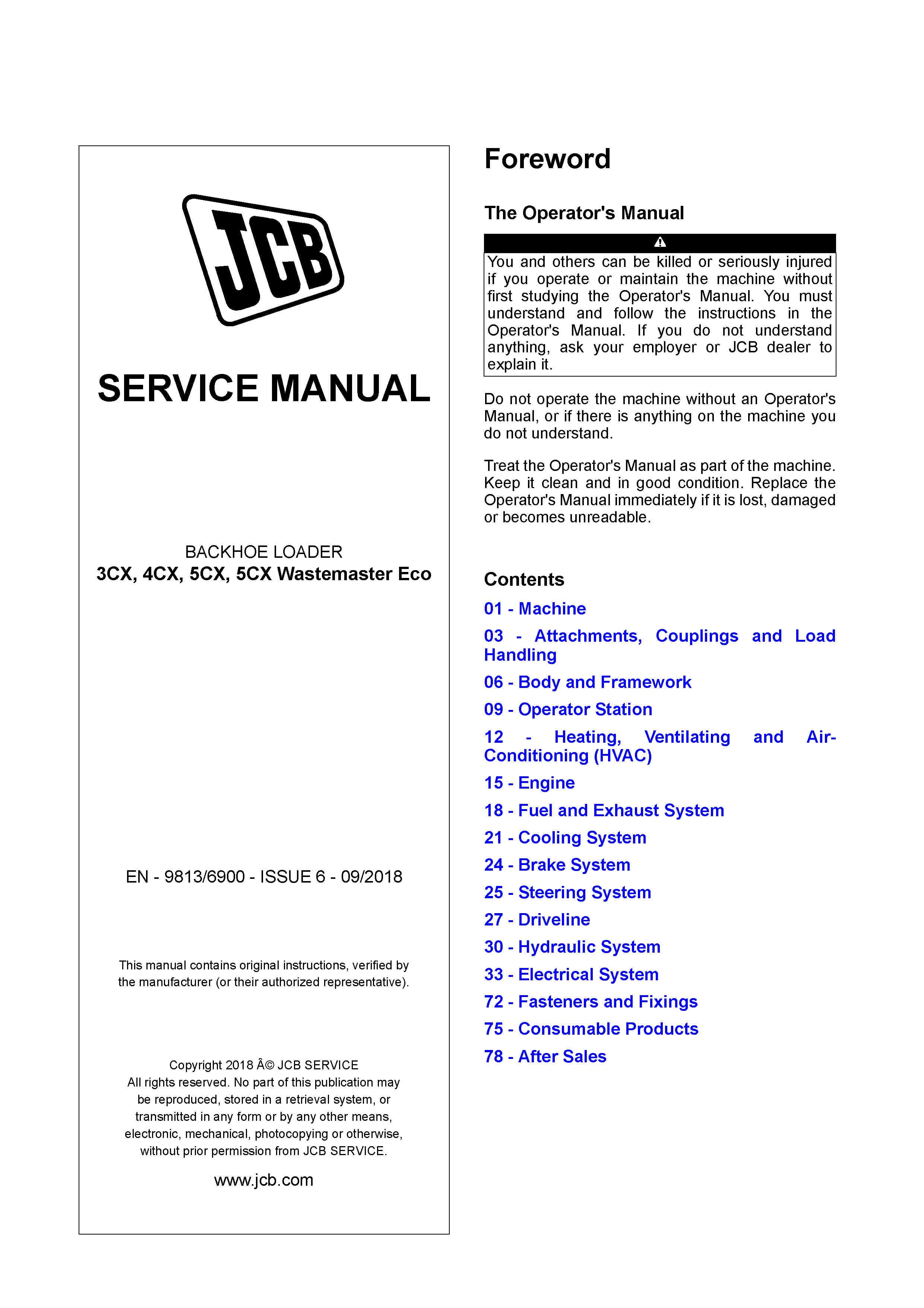 JCB 3CX, 4CX, 5CX, 5CX Wastemaster Eco Backhoe ... – Heavy Equipment Manual
