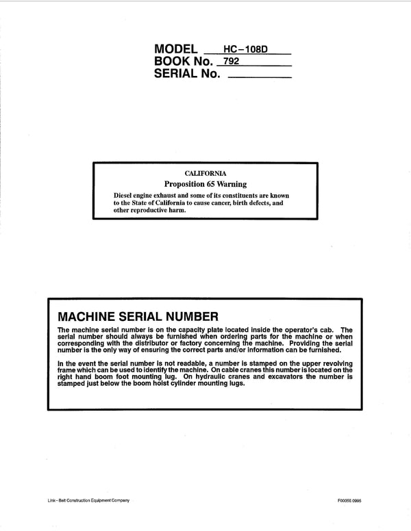 Link Belt HC-108D Crane Operator Manual – Heavy Equipment Manual