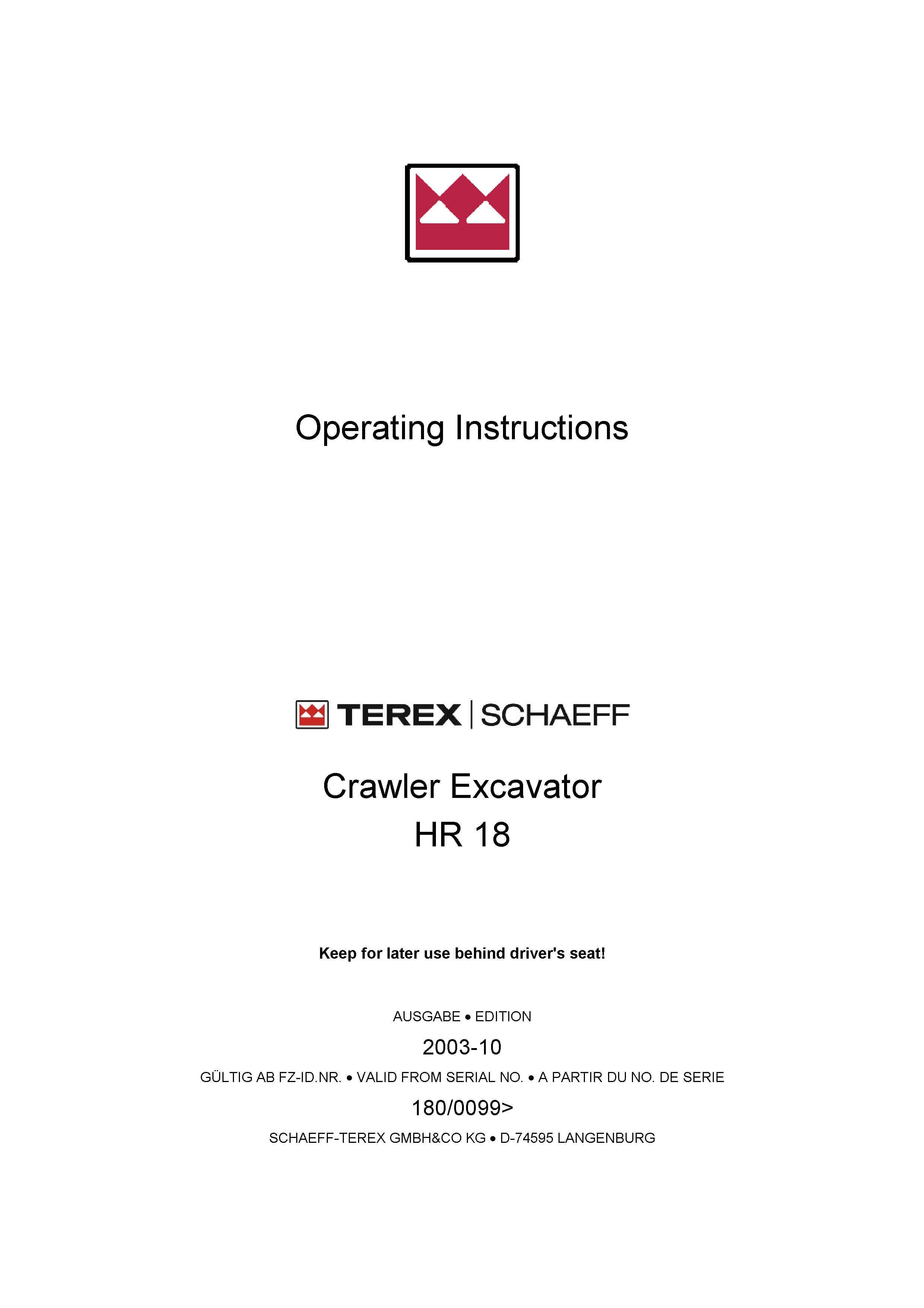 TEREX SCHAEFF HR18 Mini Crawler Excavator Opera... – Heavy Equipment Manual