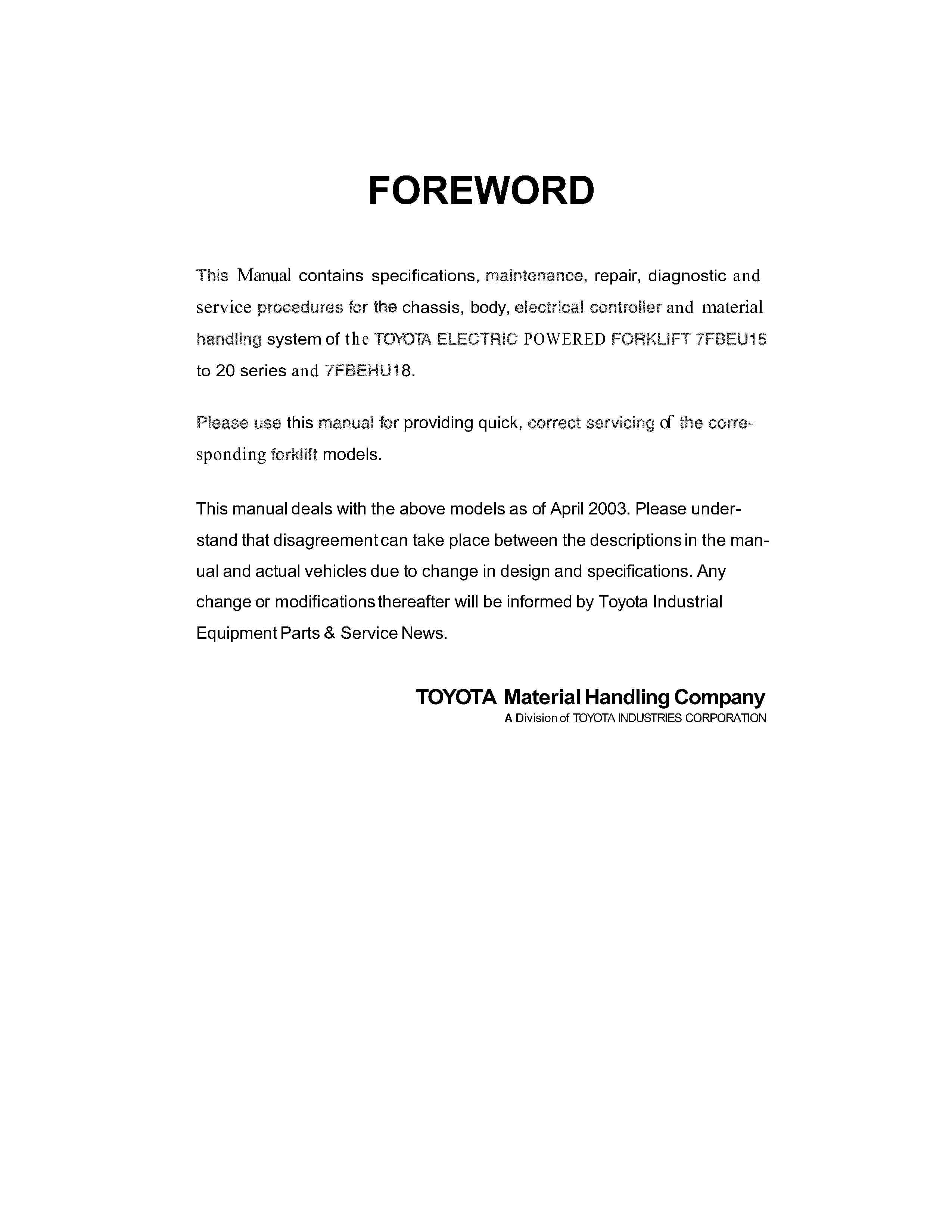 Toyota 7FBEHU18, 7FBEU15, 7FBEU18, 7FBEU20 Elec... – Heavy Equipment Manual